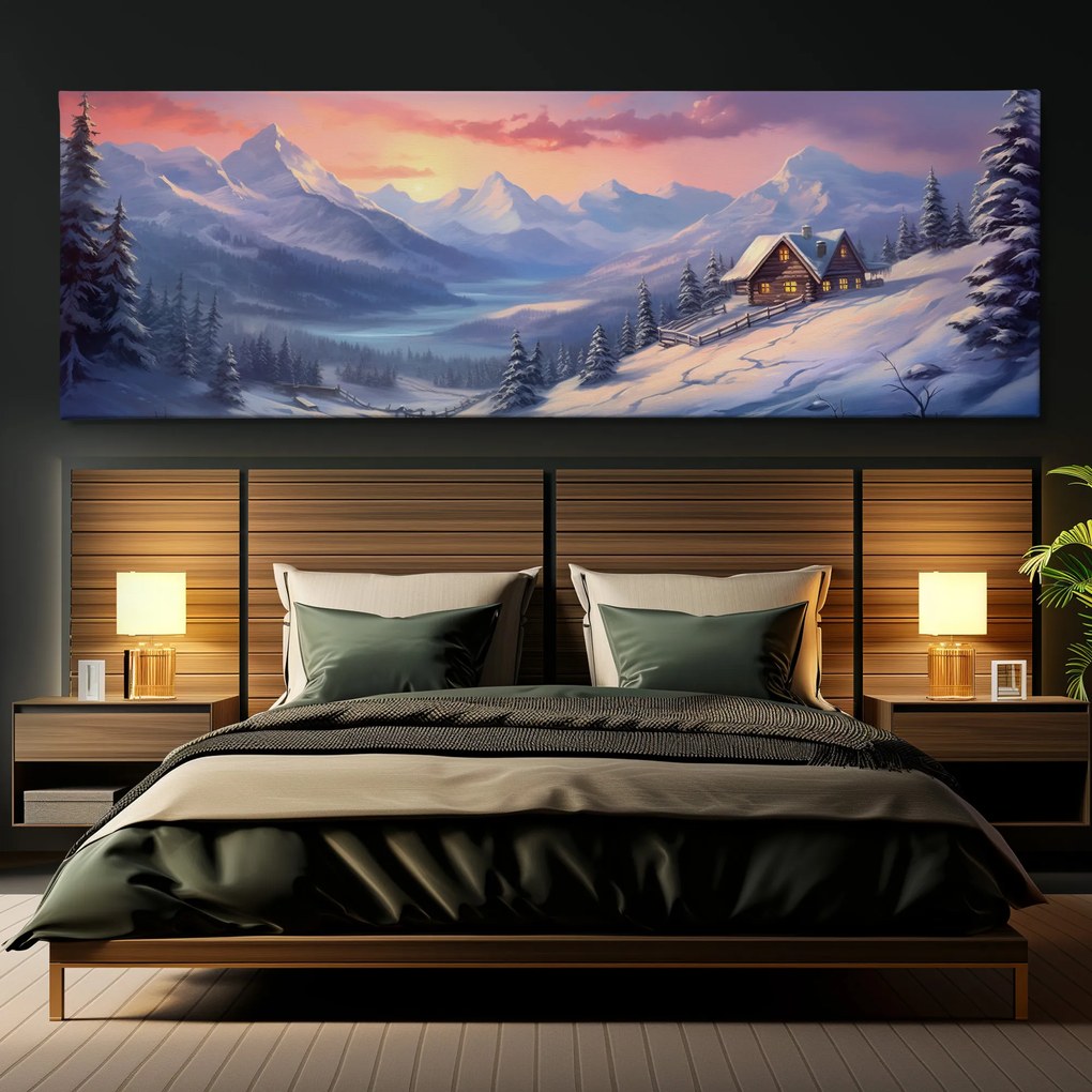 Obraz na plátně - Zimní krajina s horami a chatou FeelHappy.cz Velikost obrazu: 240 x 80 cm
