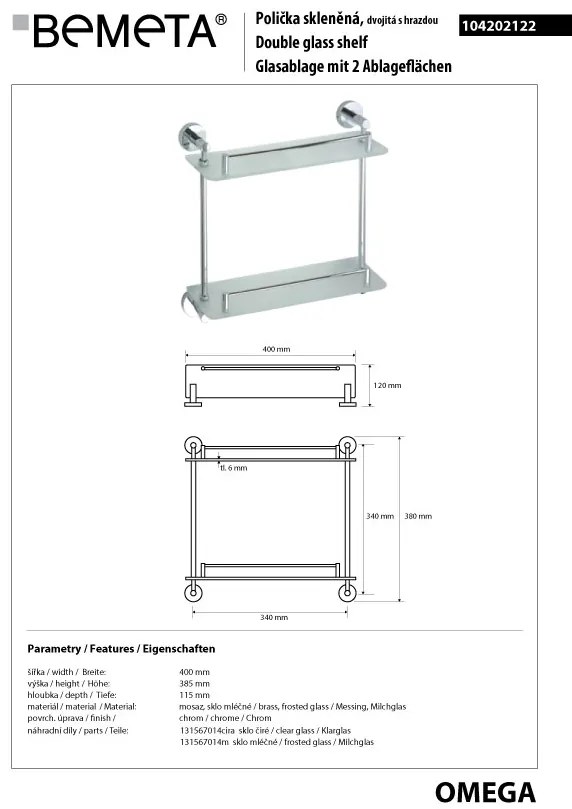 Bemeta Design OMEGA: Polička, 400 mm, dvojitá, sklo - 104202122