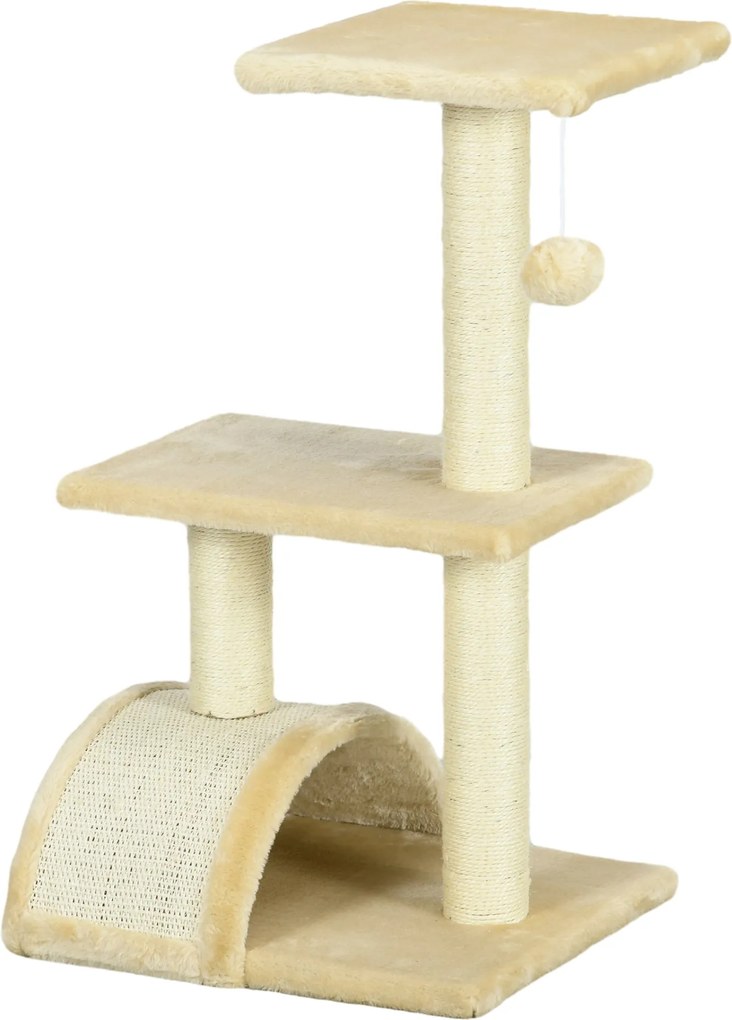 PawHut Kočičí strom 72 cm s plyšem, sisalovými sloupky, platformou a škrabadlem, vícestupňový kočičí strom, lezení pro středně velké kočky, krémově bí