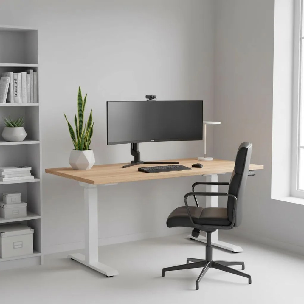 Výškově nastavitelný stůl OfficeTech D, 120 x 80 cm, bílá podnož, dub kraft
