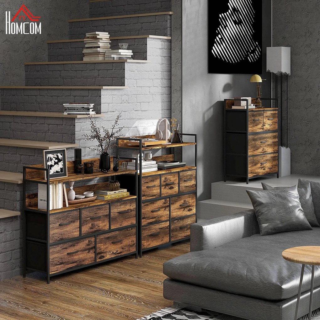 HOMCOM komoda 4 skládací látkové zásuvky police úchytka skříňka průmyslový design ocelový rám rustikální hnědá | Aosom