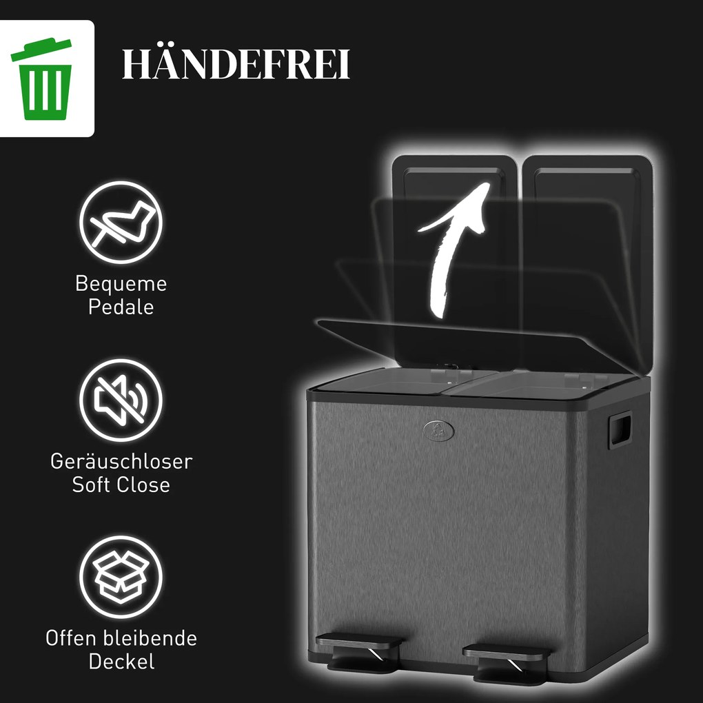 HOMCOM 2 x 15litrové dvojité odpadkové koše, otevírání pomocí pedálu, snadné čištění, nerezová ocel, plast, černá barva