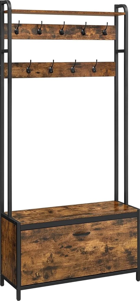 Věšák s úložným prostorem na boty, předsíňová stěna s lavicemi, 85x30x180cm, rustikální hnědá a černá