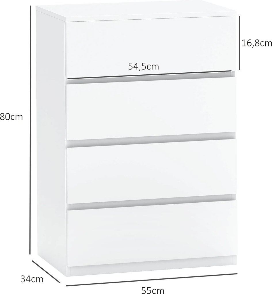 HOMCOM komoda Příborník se 4 zásuvkami, výklopná kancelářská skříň v bílé barvě, 55 x 33 x 80 cm, ideální pro obývací a pracovní prostory