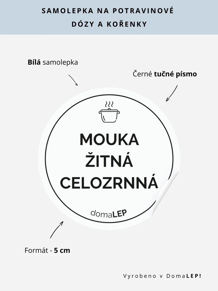 MOUKA ŽITNÁ CELOZRNNÁ - omyvatelná samolepka na dózu, výběr rozměrů Ø 5 cm / 5 x 5 cm / 6 x 8 cm | DomaLEP