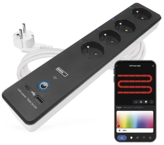 Chytrý prodluž. kabel s vypínačem GoSmart 4Z + 1xUSB-A + 1xUSB-C 2 m Wi-Fi Tuya