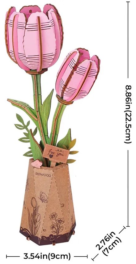 RoboTime 3D dřevěná skládačka Růžový tulipán