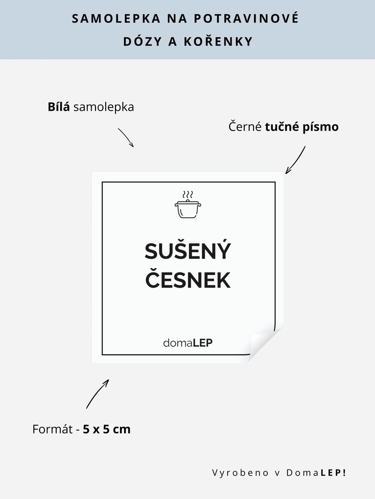 Samolepka na kořenky SUŠENÝ ČESNEK bílá 5 × 5 cm tučné písmo