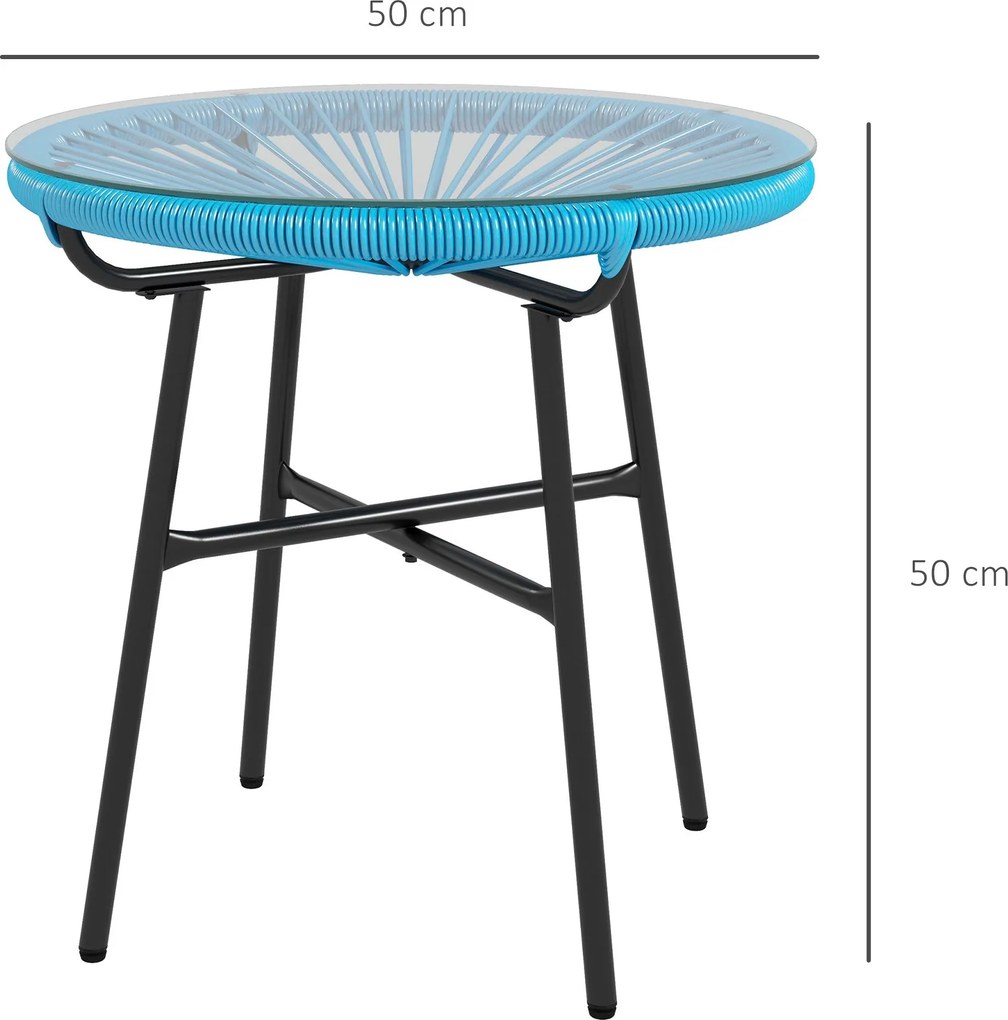 Kulatý zahradní konferenční stolek Outsunny s povrchem z umělého ratanu a skleněnou deskou Ø 50 x 50 cm Modrý