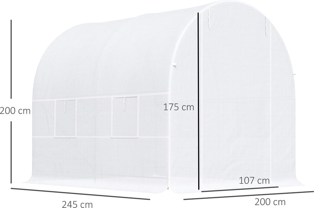Zeleninový skleník Outsunny 245x200x200cm – fóliový skleník s dveřmi a oknem, poly tunel z pozinkované oceli, zahradní tunel, skleník včetně zakotvov…