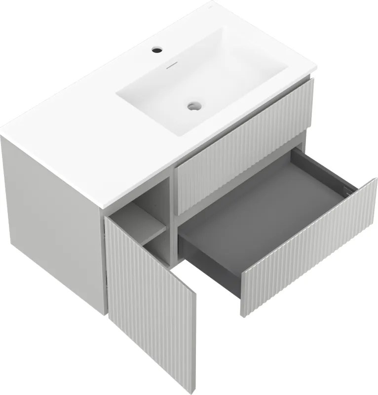 Mexen Rivel, koupelnová skříňka 90 cm s pravým umyvadlem Otis, 2S, 1D, drážkovaná, šedá matná/bílá matná - 91A23-09047-3-BBFFF62-W18P01