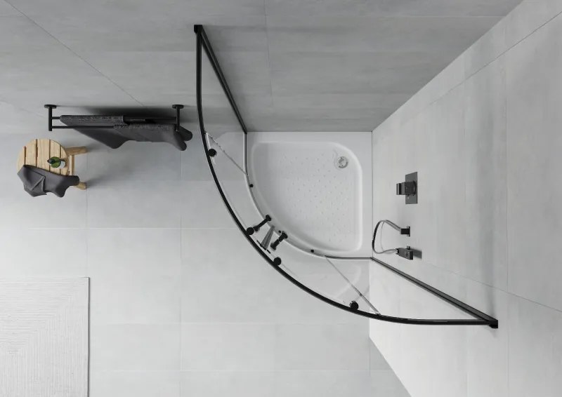 Mexen Rio, čtvrtkruhový sprchový kout 90 x 90 cm, 6mm čiré sklo, černý profil + bílá sprchová vanička RIO, 863-090-090-70-00-4710