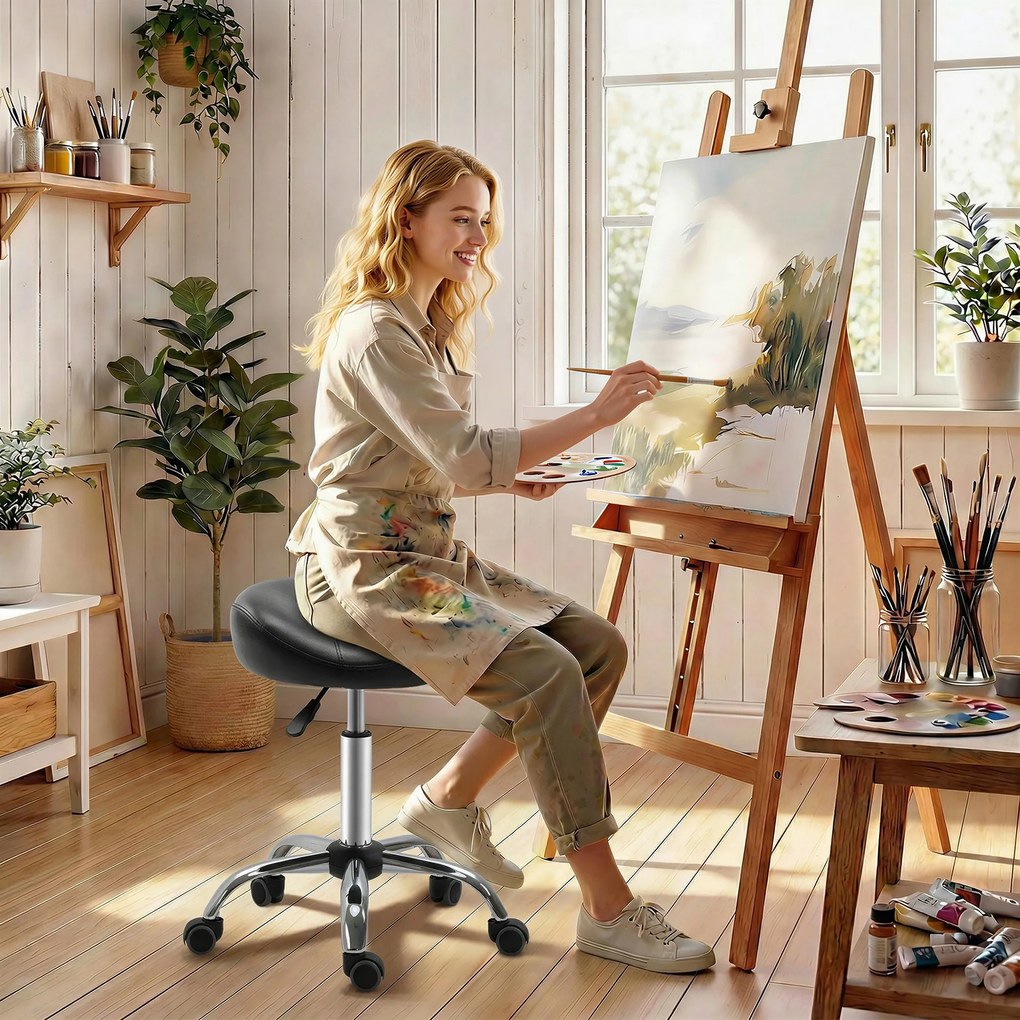 HOMCOM Rolovací stolička Výškově nastavitelná pracovní stolička s kolečky otočná imitace kůže černá 48 x 54-69 cm pro salony a masáže