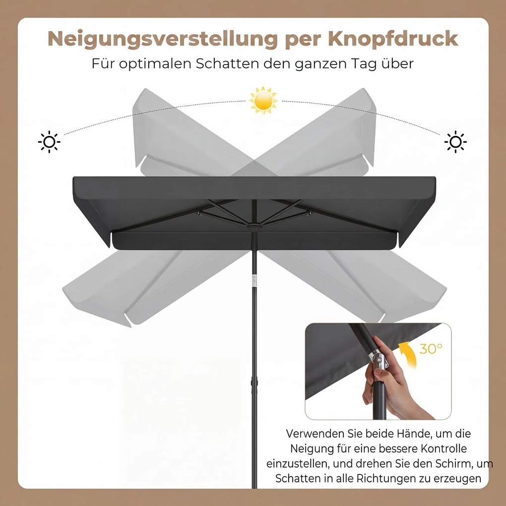 Costway Slunečník Obdélníkový s úhlem sklonu 30° Ohebný – 200 × 130 cm, šedá