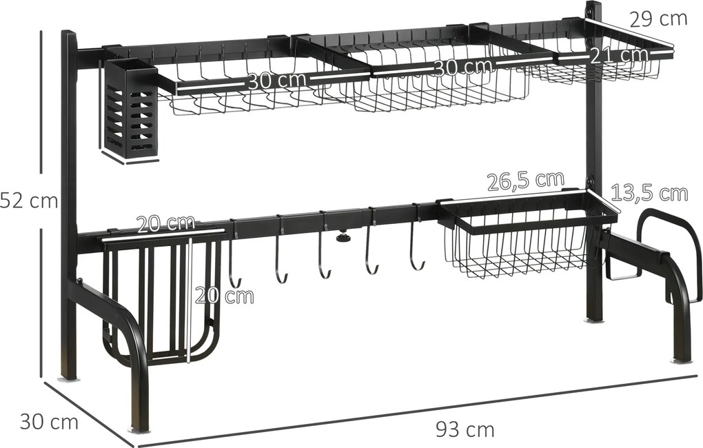 HOMCOM Dvoupatrový odkapávač na nádobí s háčkem a odkapávací plochou z oceli, černý 51-93 cm do kuchyně | Aosom.de