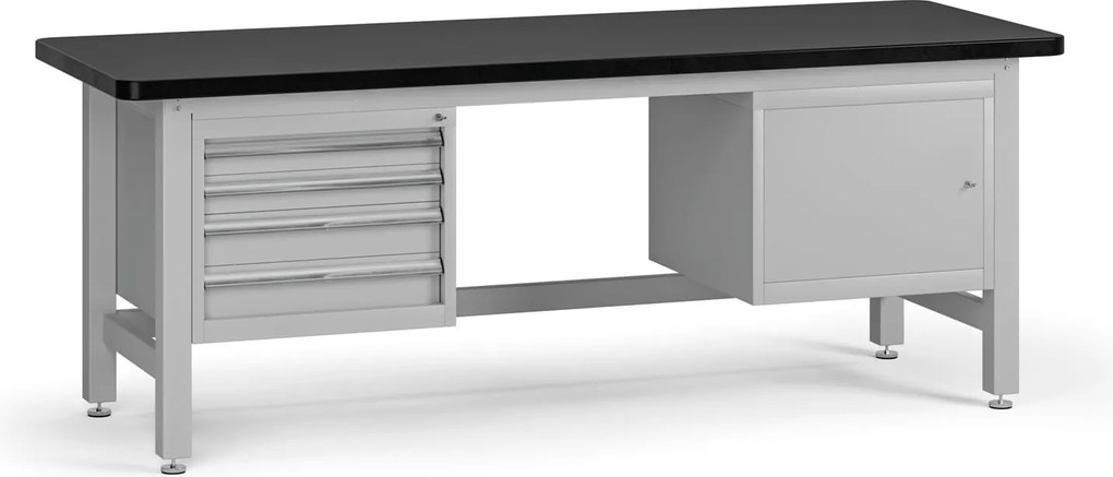 Profesionální dílenský stůl G4, 4 zásuvky, 1 skříňka, deska MDF + PVC, 2100 x 750 x 800 mm, šedá