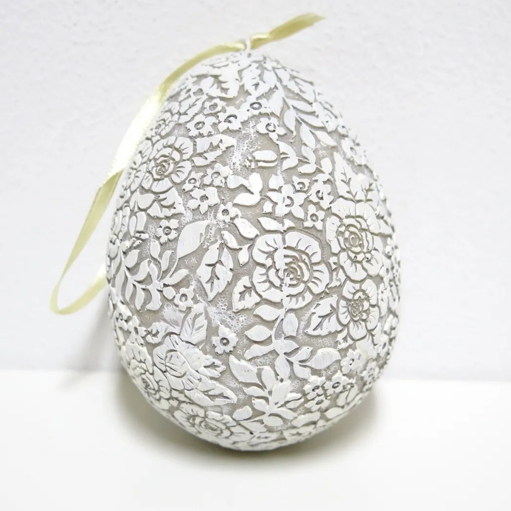 Vajíčko vzor krajka bílo-šedé s růžemi 10x8cm