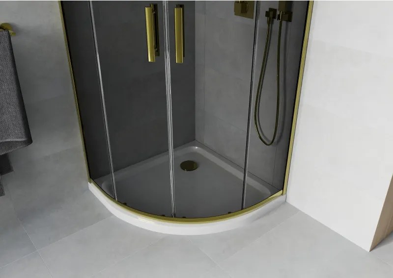 Mexen Rio, čtvrtkruhový sprchový kout s posuvnými dveřmi 90 (dveře) x 90 (dveře) x 190 cm, 5mm šedé sklo, zlatý profil + bílá sprchová vanička SLIM, 863-090-090-50-40-4110G