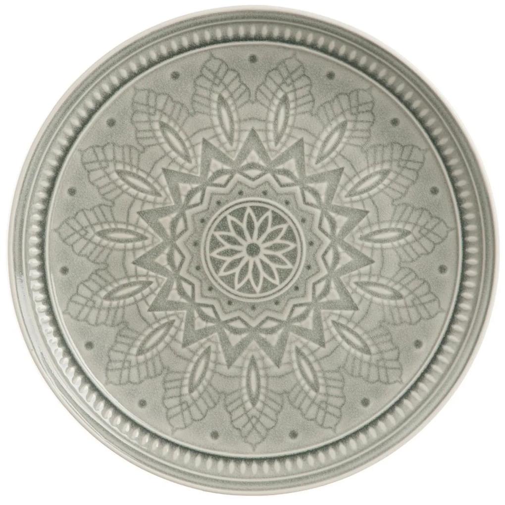 Světle šedý keramický servítovací talíř s ornamentem Boho grey L - Ø 33cm
