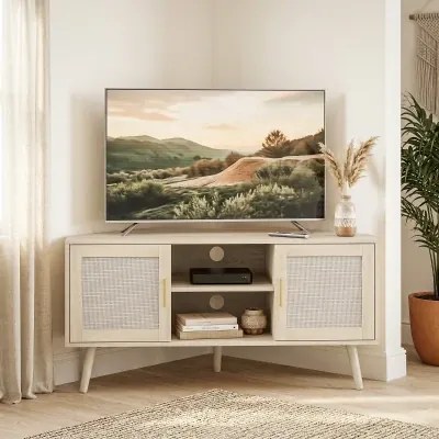 HOMCOM rohový televizní nábytek 115 cm, nábytek pod televizi pro televize až 65 palců, 2 ratanové dveře, 2 přihrádky, dub