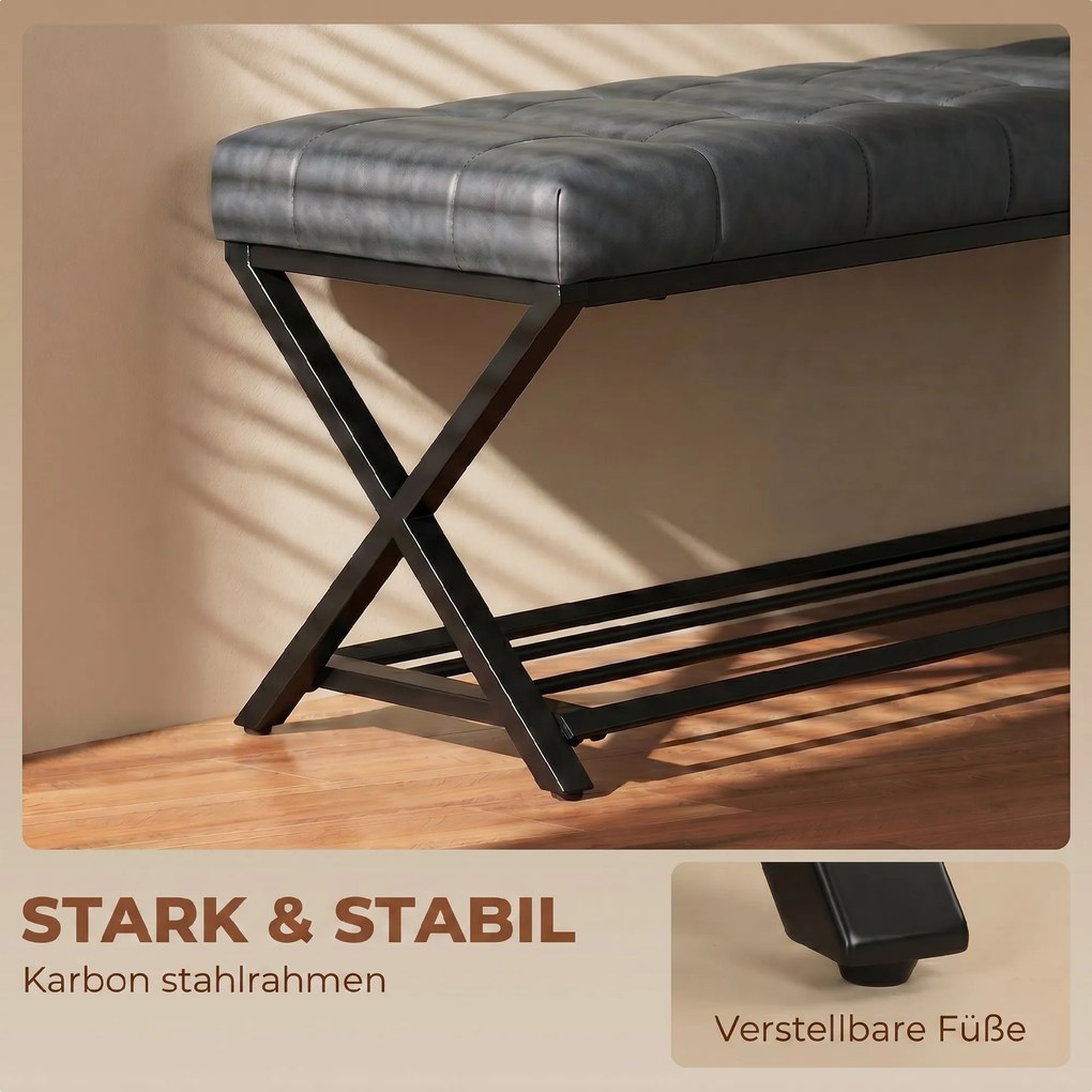 HOMCOM čalouněná lavice na boty s úložným prostorem — průmyslový X-rám z oceli, PU kůže, nosnost 220 kg, 112 × 37 × 47 cm, tmavě šedá