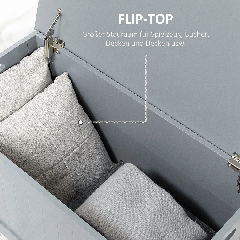 HOMCOM Úložný trunk pro ložnici – Úložná lavice se víkem, multifunkční úložný trunk s bezpečnostním pantem pro chodbu a obývací pokoj 81x40x46 cm Šedá