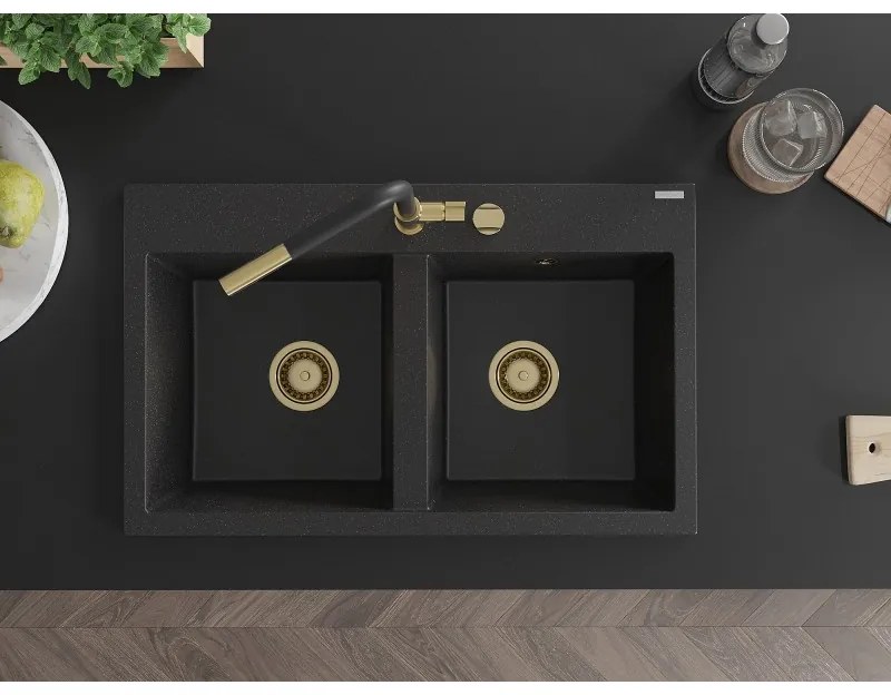 Mexen Hektor, 2-komorový granitový dřez 800x480x205 mm, černá-stříbrná metalíza, zlatý sifon, 6521802000-73-G