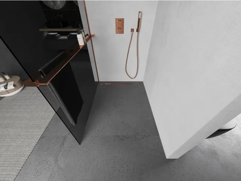 Mexen Kioto+ L, sprchová zástěna Walk-In s poličkou a věšákem 120 x 200 cm, 8mm šedé sklo, růžové zlato profil, 800-120-123-60-40