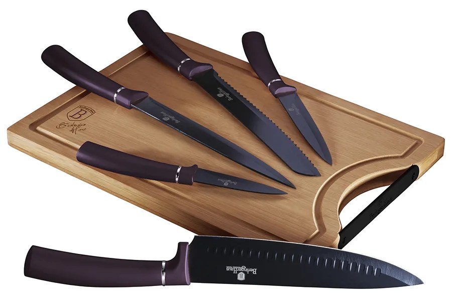 6dílná sada kuchyňských nerezových nožů s deskou na krájení PURPLE 20273