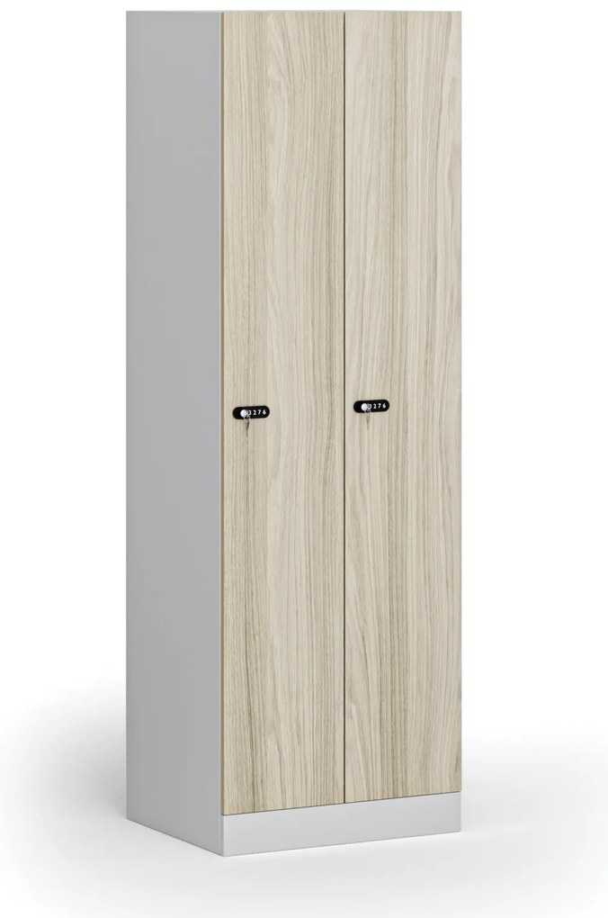 Kovová šatní skříňka S1, 2 oddíly, 1850 x 600 x 500 mm, mechanický kódový zámek, laminované dveře, dub přírodní