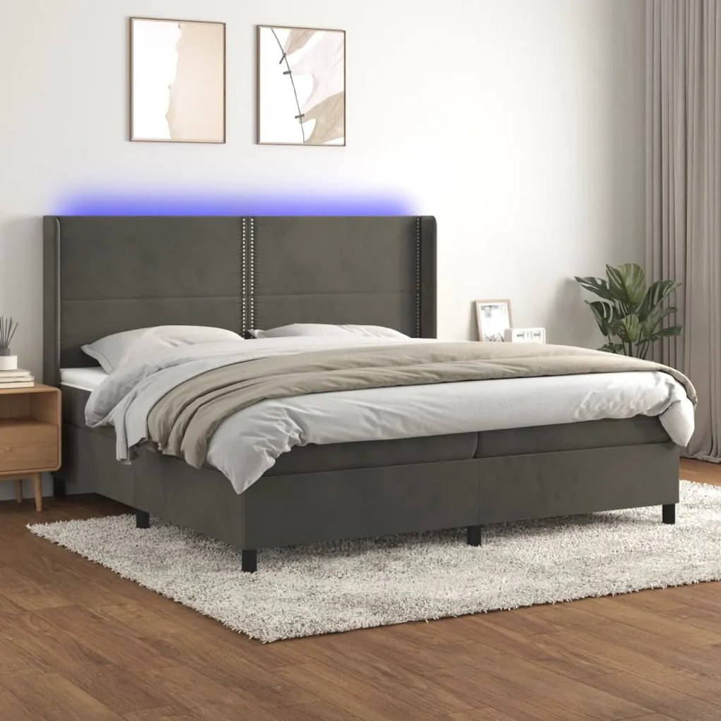 Box spring postel s matrací a LED tmavě šedá 200x200 cm samet 3139524