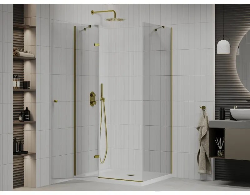Mexen Roma sprchový kout s otočnými dveřmi 110 x 80 cm, Průhledné, Zlatá + sprchová vanička Flat - 854-110-080-50-00-4010
