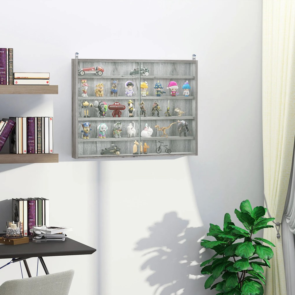 HOMCOM Vitrína na zeď 80 x 9,5 x 60 cm se 4 nastavitelnými policemi a 2 posuvnými skleněnými dveřmi, pro sbírku miniatur a aut, šedá