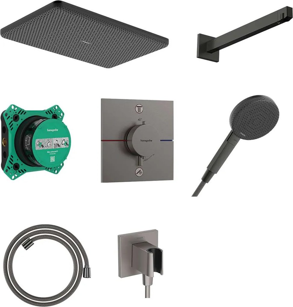 Hansgrohe Raindance Alive Q - Sprchový set s termostatem pod omítku, s tělesem, 21x34 cm, 3 proudy, kartáčovaný černý chrom 24620340
