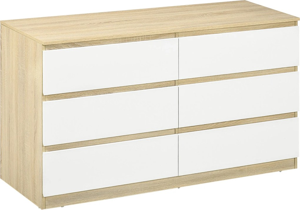 HOMCOM Moderní komoda se 6 šuplíky, ložnicová komoda 135x48x77cm, bílá a dřevo | Aosom