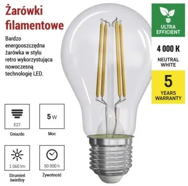 Emos lighting LED žárovka Filament A60 A CLASS/ E27 / 5 W (75 W) / 1 060 lm / neutrální bílá 1525283412