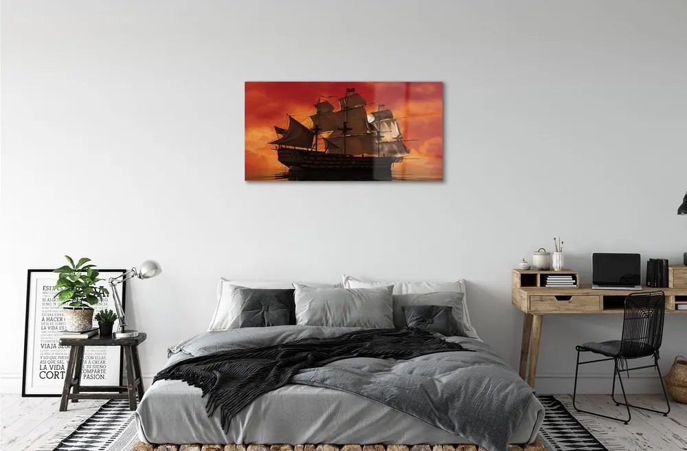 Obraz na skle Loď moře oranžová obloha 125x50 cm