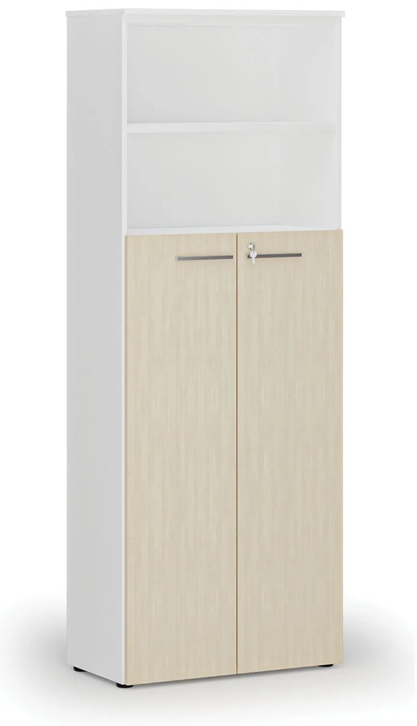 Kombinovaná kancelářská skříň PRIMO WHITE, dveře na 4 patra, 800 x 420 x 2128 mm, bílá/bříza