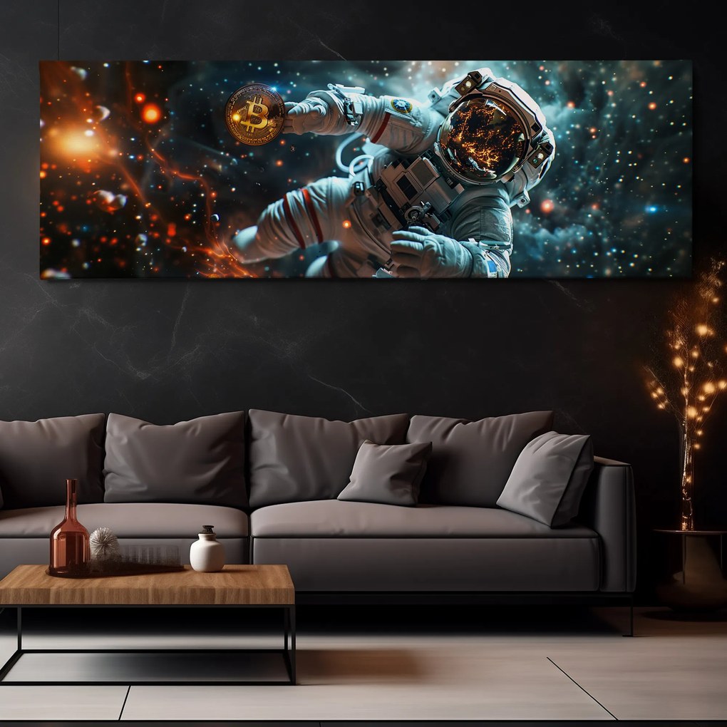 Obraz na plátně - Bitcoin, Astronaut štosuje ve vesmíru FeelHappy.cz Velikost obrazu: 120 x 40 cm