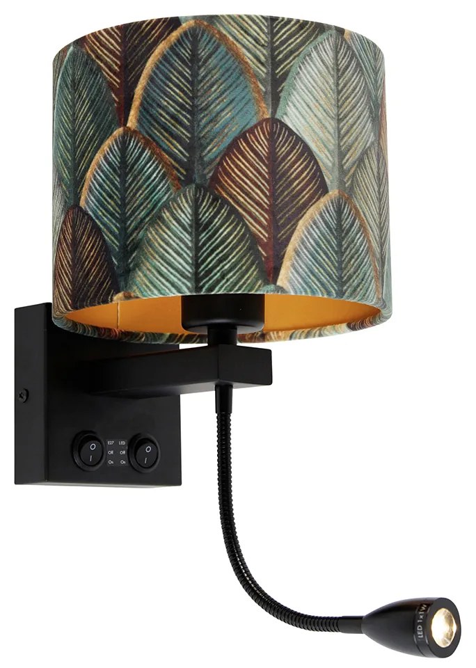 Nástěnná lampa černá s sametovým stínidlem s designem listů a zlatým interiérem - Brescia Combi