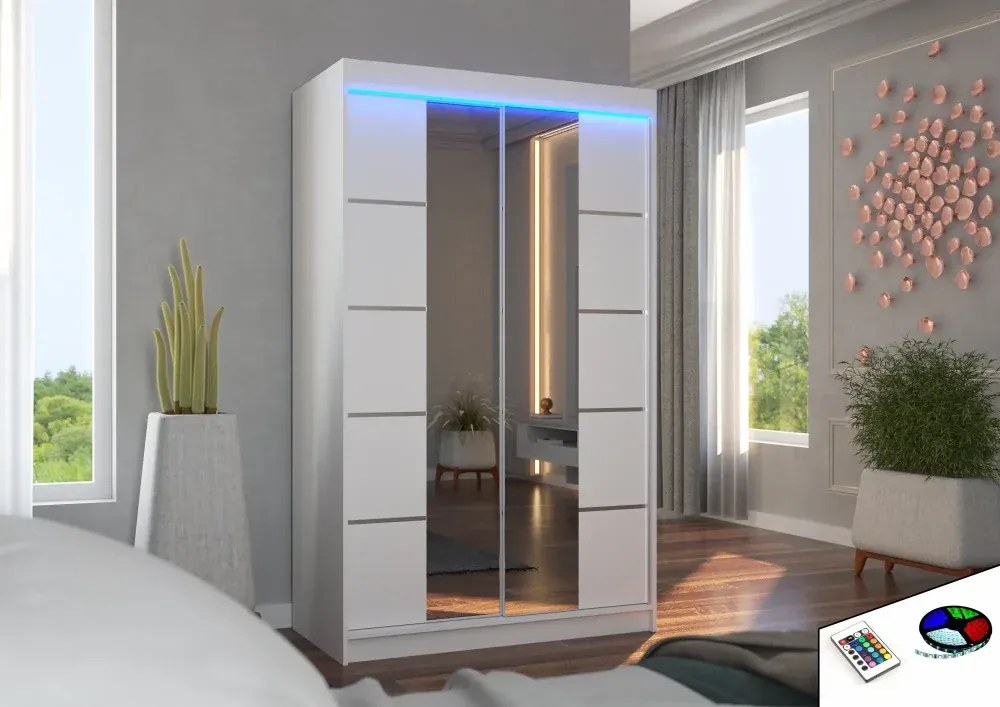 Posuvná skříň se zrcadlem a LED osvětlením GENUA 120 bílá