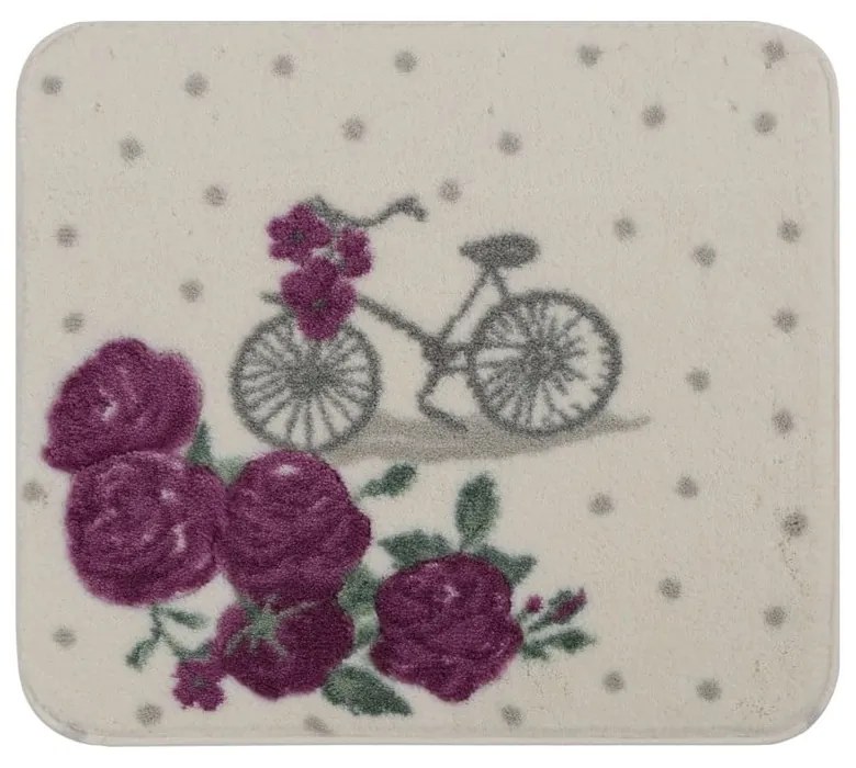 Bílá předložka do koupelny s fialovou květinou Confetti Bathmats Vintage Bike, 50 x 57 cm
