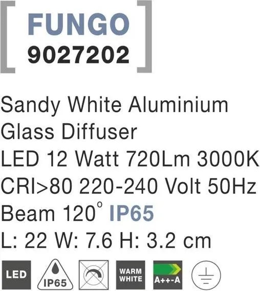 NV 9027202 Venkovní nástěnné svítidlo FUNGO bílý hliník skleněný difuzor LED 12W 3000K 220-240V 120st. IP65 světlo dolů - NOVA LUCE