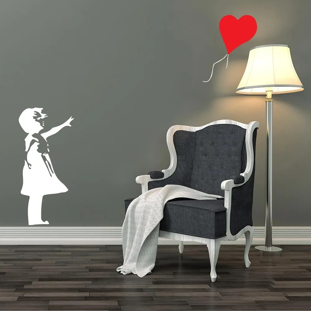 GLIX Banksy "Girl with Baloon" - samolepka na zeď Bílá a červená 50 x 100 cm