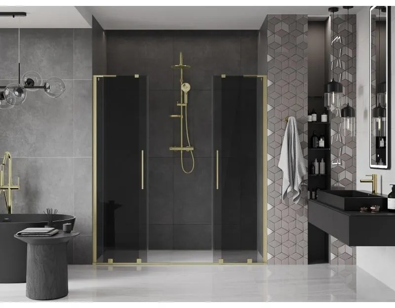 Mexen Velar L Duo, posuvné sprchové dveře do otvoru 180 cm, 8mm šedé sklo, zlatá matná, 871-180-003-42-55