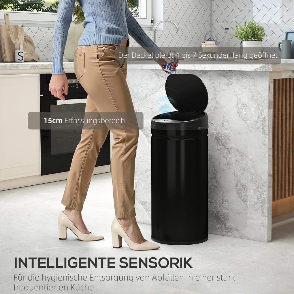 HOMCOM 42l senzorem řízený odpadkový koš s funkcí Soft-Close, bezdotykový odpadkový koš z nerezové oceli pro hygienické kuchyně 851-048V00BK
