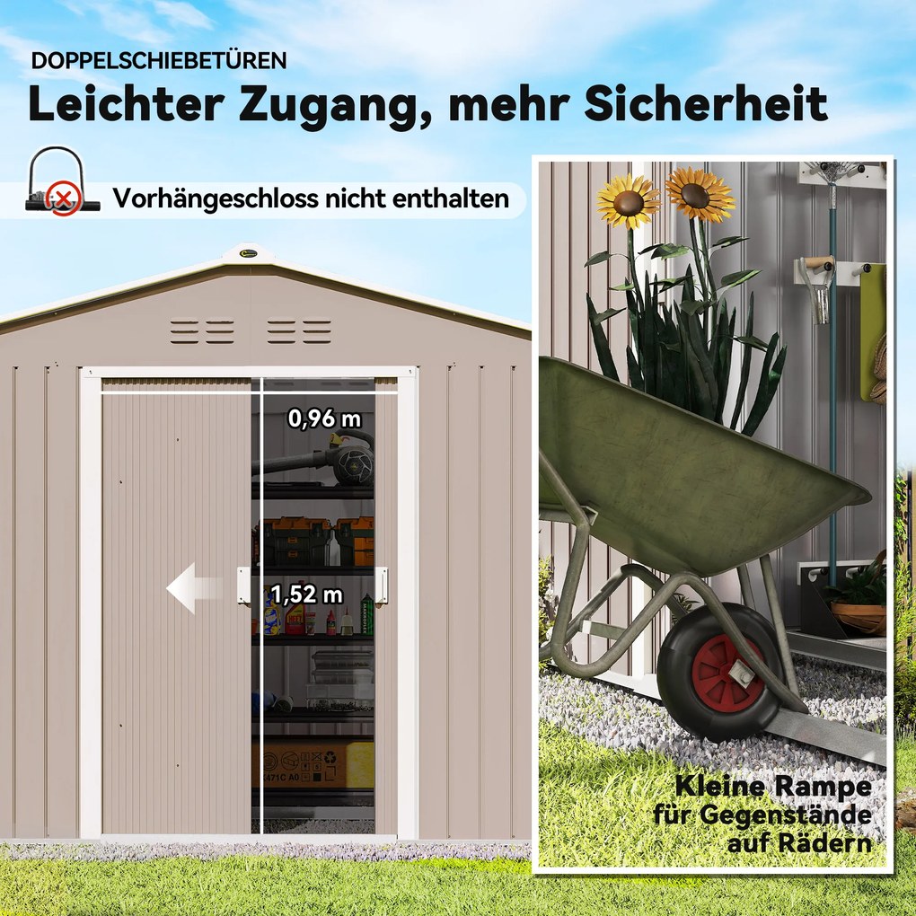 Outsunny Kůlna na Nářadí 4,9 m², Zahradní Kůlna s Pultovou Střechou, Posuvné Dveře, Základna, 277 x 195 x 192 cm, Kůlna z Pozinkované Oceli, Odolná p…