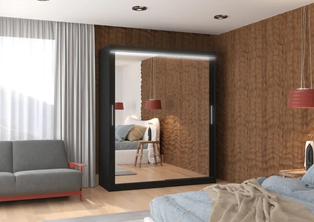 Posuvná skříň se zrcadlem a LED osvětlením ETTORE 180 černá
