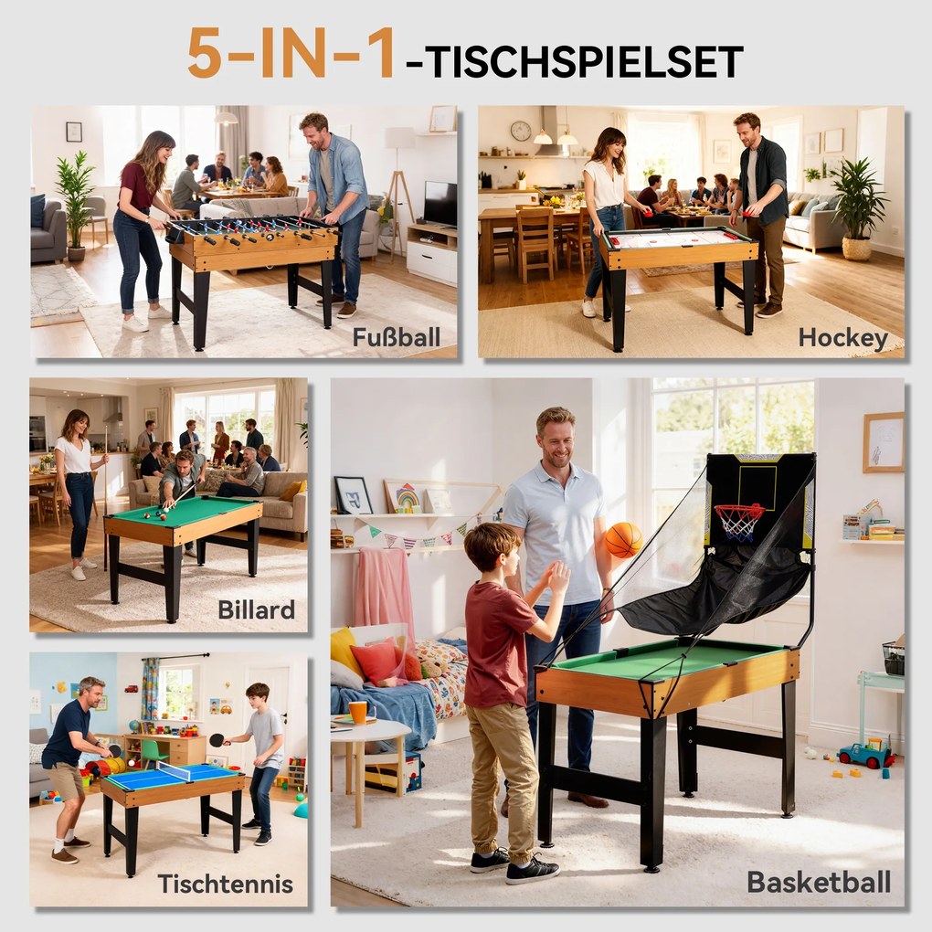 SPORTNOW 5-v-1 víceherní stůl, 53 díly příslušenství, stolní fotbal, stolkohokej, stolní tenis, billiard, basketbal, ořech