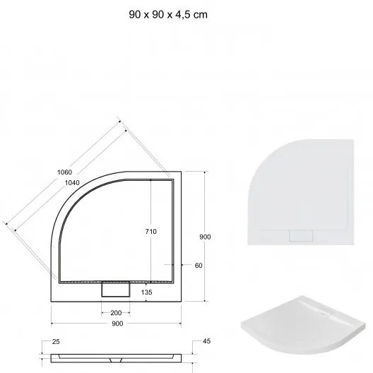 BESCO Čtvrtkruhová sprchová vanička AXIM Rozměr A - 90 cm, Rozměr B - 90 cm - VANKAXIM90BBR55